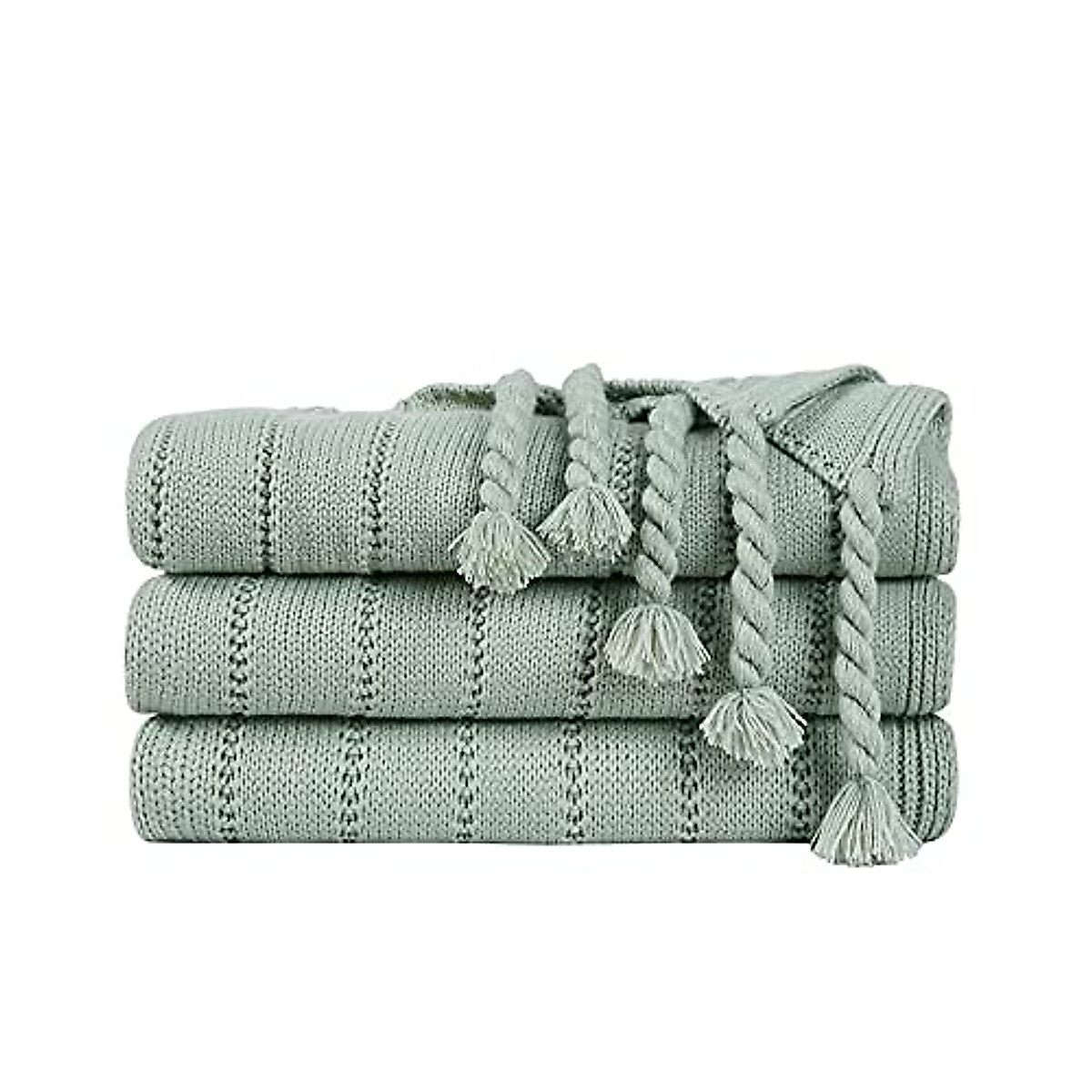 Aormenzy Acrylic Knitted Fringe Throw Blanket, 50" x 60" Throw Blanket with Tassels Ultra-Soft & Breathable, Cozy Decorative Throw Blankets for Couch Sofa Bed Living Room - Sage Green