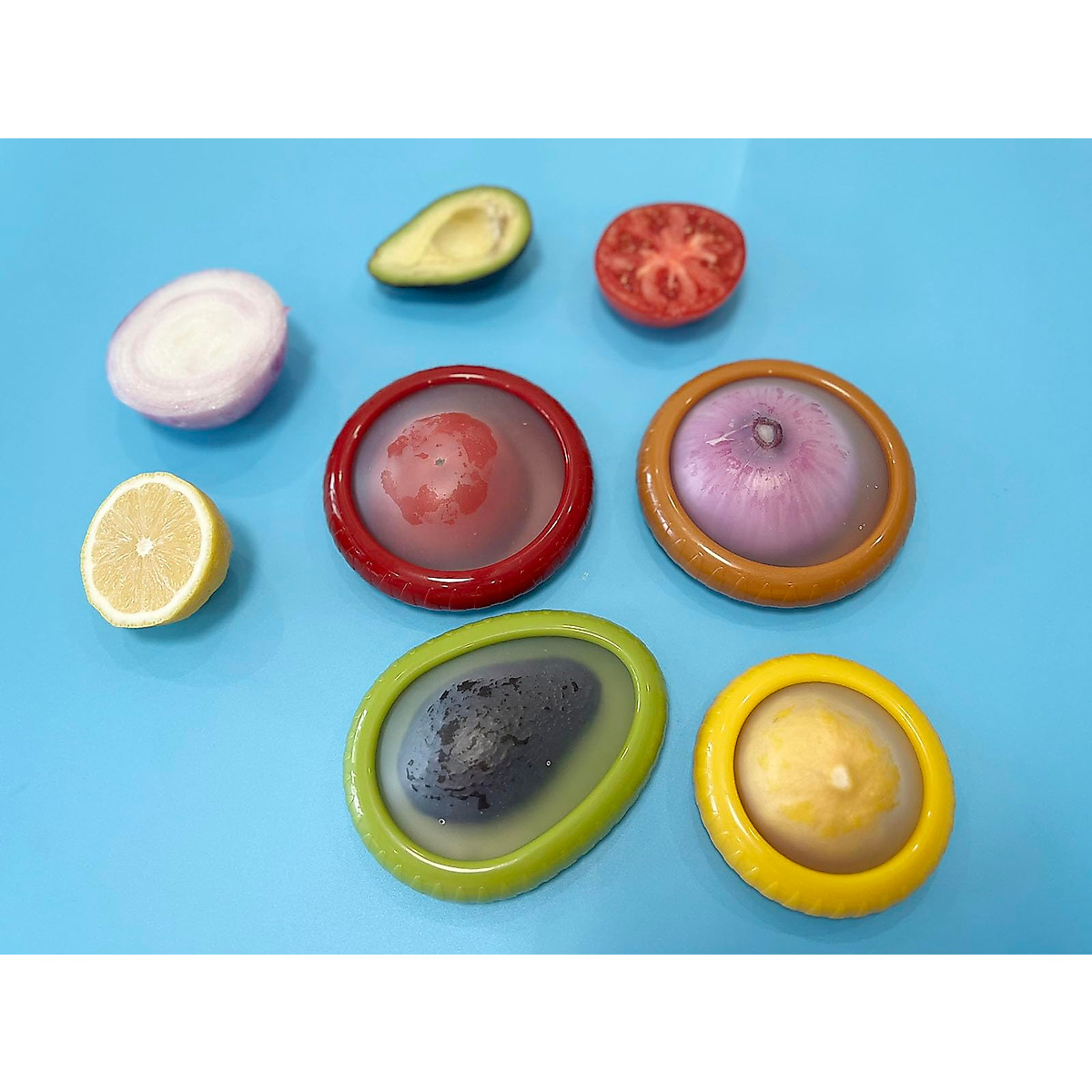 halteoly 4PC Silicone Fruit and Vegetable Storage Containers Set for Fridge, Onion Storage Container, Avocado keeper,Tomato Saver,and Lemon holder