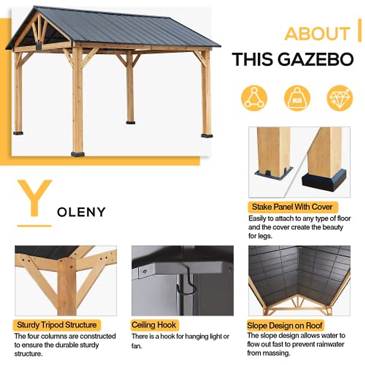 YOLENY 11' x 13' Wood Gazebo Outdoor Gazebo Spruce Wood Framed Gazebo with Black Steel Hardtop Roof for Garden, Patio, Lawns, Parties