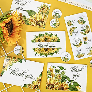 AnyDesign Sunflower Thank You Cards Bulk 30 Pack Thank You Notes with Matching Seal Stickers White Envelopes Floral Greeting Cards for Wedding Baby Shower Bridal Birthday Party, 4 x 6 Inch