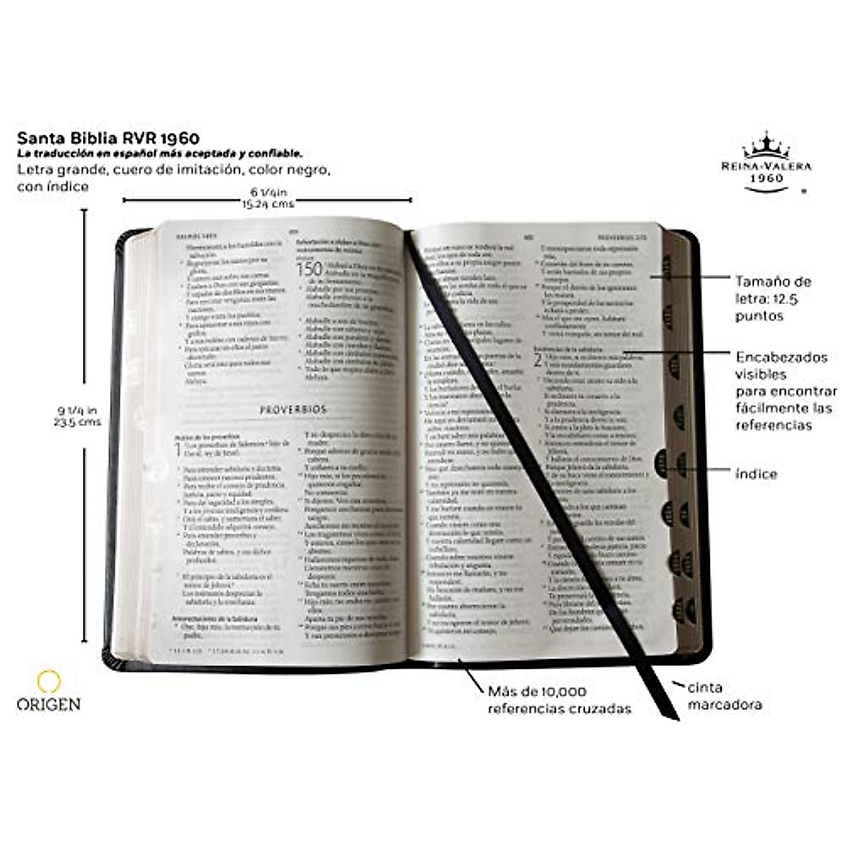 Biblia Reina Valera 1960 letra grande. Símil piel negro, índice, tamaño manual / Spanish Bible RVR 1960. Handy Size, Thumb Index, Large Print, Black Leat