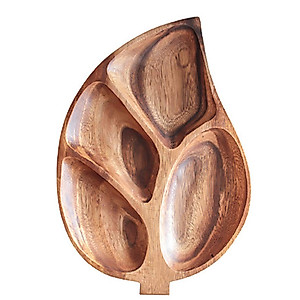 Acacia Premium Leaf Shaped Wooden 4-Compartment Divided Wood Accent-Plates Divided Dessert Dish Serving Trays Platters 4 Section