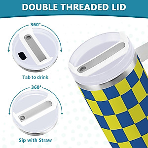 Yellow Blue Checkered 40 oz Tumbler with Handle and Straw Lid, Insulated Coffee Cup Reusable Stainless Steel Water Bottle Travel Mug Cupholder Friendly,Gifts for Women Men