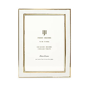 Isaac Jacobs 5x7 White Leather with Gold Metal (Vertical & Horizontal) Picture Frame, Suede Border w/Black Fabric Easel, Wall-Mountable, Made For Tabletop, Photo Gallery (5x7, White W/Gold)