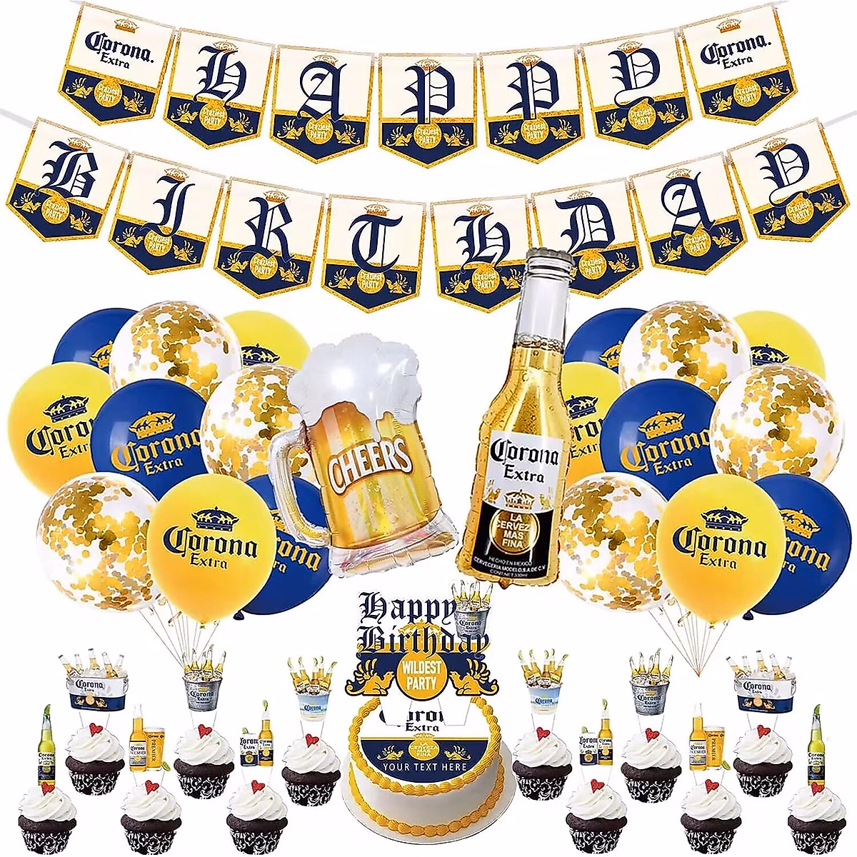 Corona Beer Themed Party, Men Women Boys Girls Birthday Party Balloon Decorations, Include Birthday Happy Banner, Cupcake Decoration, Aluminum Film latex 34 pcs Kit