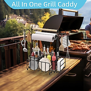 Grill Caddy,Portable Picnic Condiment Utensil Caddy with Paper Towel and Plate Holder,Griddle Accessories Storage for Outdoor Kitchen,Patio Barbecue,Camping Trip,RV Cooking,Tailgating Party- Black