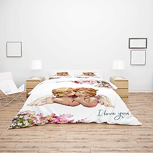 kuizee Cute Watercolor Angels Cherub Duvet Cover Bedding Sets 3 Piece Brushed Microfiber Ultra Soft All Season Comforter Twin Size,White