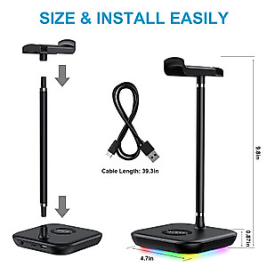 ALMAH RGB Gaming Headphone Headset Stand for Desk, PC Gaming Accessories, Headphone Headset Holder with 1 USB Charging Port, Suitable for All Earphone Accessories as Boyfriend, Son, Husband Gifts