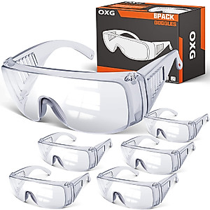 OXG 6 Pack Safety Glasses Over Eyeglasses Anti-Fog, ANSI Z87.1 Clear Safety Goggles Eye Protection Glasses for Men and Women Construction, Labs, Shooting