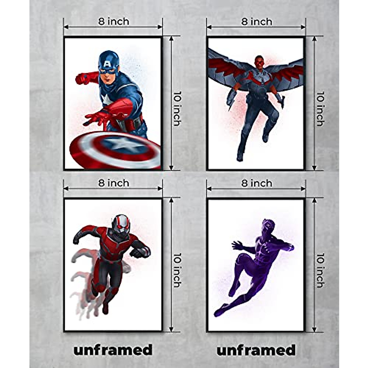 Set of 12 Superhero Posters - Ant-Man - Falcon - Hulk - Wanda - Black Widow - Iron Man - Hawkeye- Spider-Man - Black Panther - Captain America - Thor and Vision (Concept art style, 8x10)