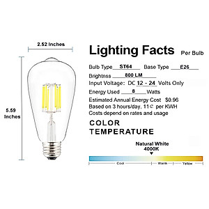 OPALRAY 12V 24V DC Input 8W LED Bulb, ST21(ST64) Style, Dimmable with 12V DC Dimmer, 4000K Bright Neutral White Light, E26 Medium Base Lamp, 80W Incandescent Equivalent, for Low Volt 12V Power, 3 Pack