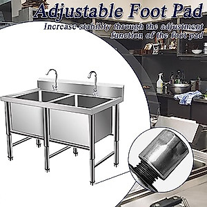IOXGSGI Commercial 304 Stainless Steel Sink 2 Compartment Free Standing Utility Sink with Faucet Drain Basket Shelf, for Garage, Restaurant, Kitchen, Laundry Room, Outdoor
