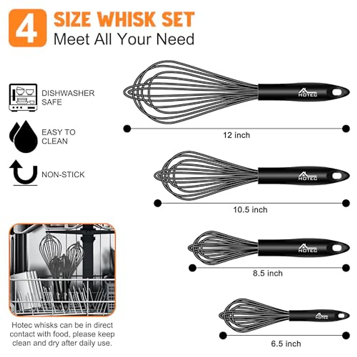 HOTEC 4 Pieces Silicone Whisks Set, Wire Balloon Whisks Egg Beater, Non-slip Handle Whisk for Non-stick Cookware Perfect for Cooking, Stirring, Beating and Blending (Black)