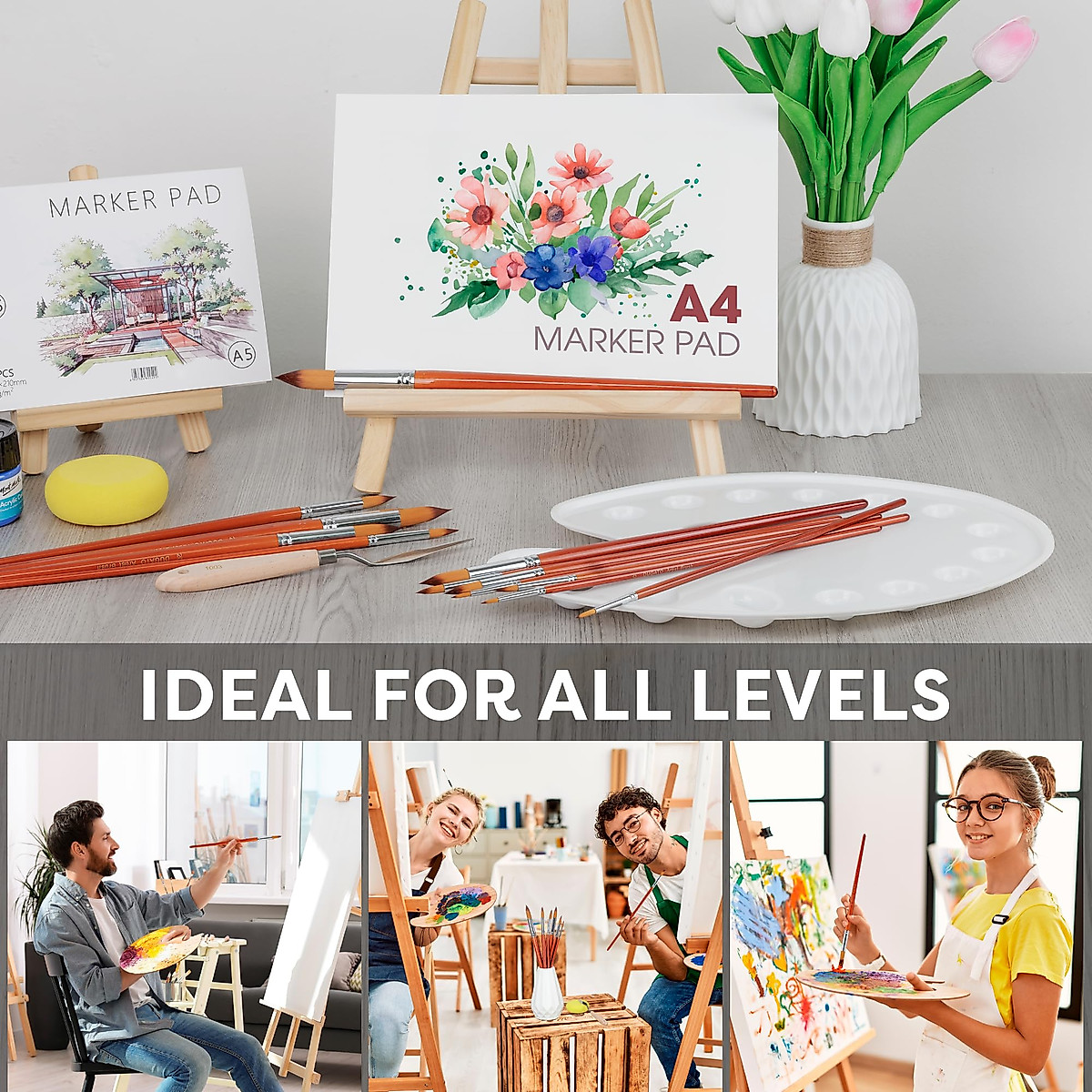 Artist Watercolor Paint Brushes Set 13pcs - Round Pointed Tip Soft Anti-Shedding Nylon Hair Wood Long Handle - Detail Paint Brush for Watercolor, Acrylics, Ink, Gouache, Oil, Tempera, Paint by Numbers