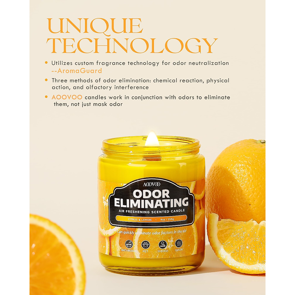 AOOVOO Citrus Lemon Odor Eliminating Highly Fragranced Candle - Eliminates 95% of Pet, Smoke, Food, and Other Smells Quickly, Wood Wick Air Freshing Soy Candle, 9 oz Up to 50 Hours Burn time