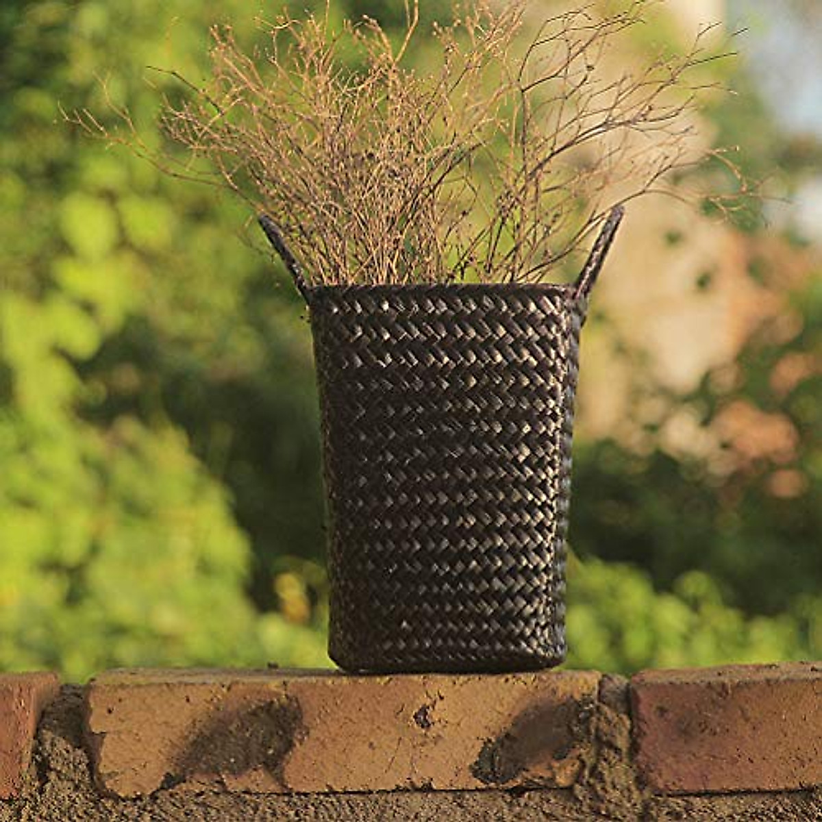 EXCEART Toy Baskets Rattan Storage Basket Woven Flower Vase Door Closet Organizer Multipurpose Storage Container Decorative Storage Organizer for Home Office Cloth Book Black Desk Containers