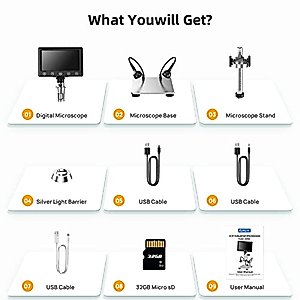 Elikliv EDM07 Industrial Microscope, 7" LCD Digital Microscope with Touch Button, 1200X Soldering Coin Microscope, Ultra-Bright LED Light, Metal Stand, 32GB SD Card Included, Windows/Mac Compatible