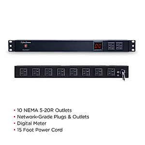 CyberPower PDU20M2F8R Metered PDU, 100-125V/20A (Derated to 16A), 10 Outlets, 1U Rackmount, 15 Foot Power Cord