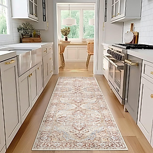 jinchan Runner Rug 2x6 Washable Rug Hallway Indoor Rug Brick Red Vintage Kitchen Runner Rug Ultra-Thin Floral Floor Cover Accent Rug Bathroom Runner Rugs Non Slip Laundry Room Bedroom