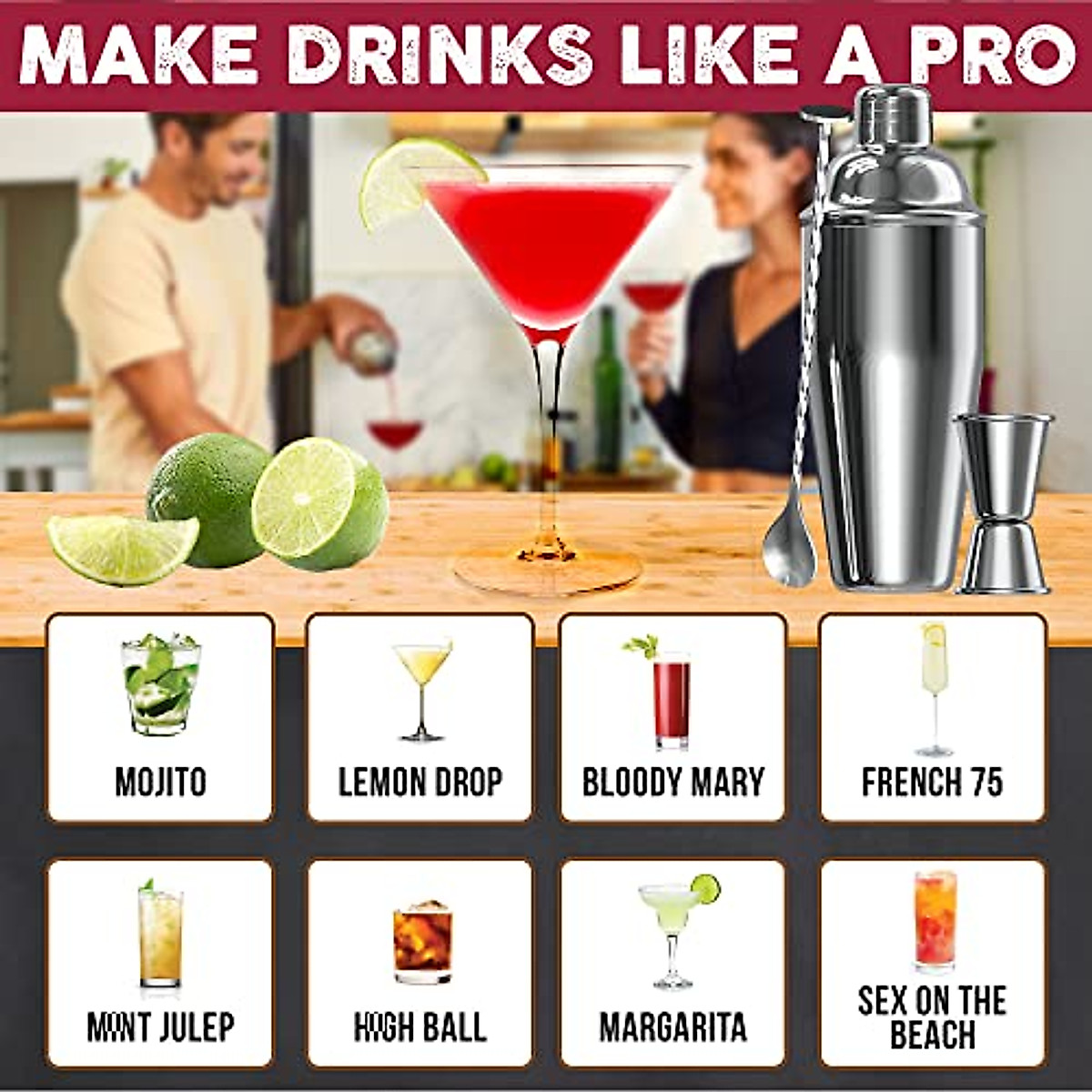 24oz Cocktail Shaker Set with Bar Accessories for Home Bar Shaker Set - Martini Shaker, Jigger, Drink Shaker Mixer Spoon - Alcohol Shaker Bartender Gift - Bartending Kit Essential for Home - Cresimo