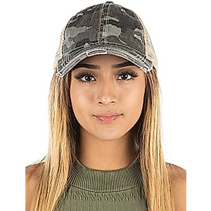 Funky Junque Distressed Trucker Hat - Black Camo/Beige Mesh