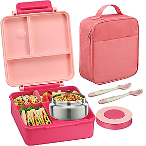 Bento Lunch Box for Kids with 8oz Soup Thermo&Lunch Bag, Leak-Proof Lunch Food Containers with 4 Compartment, Hot Food Insulated Food Jar for Kids School (Pink)