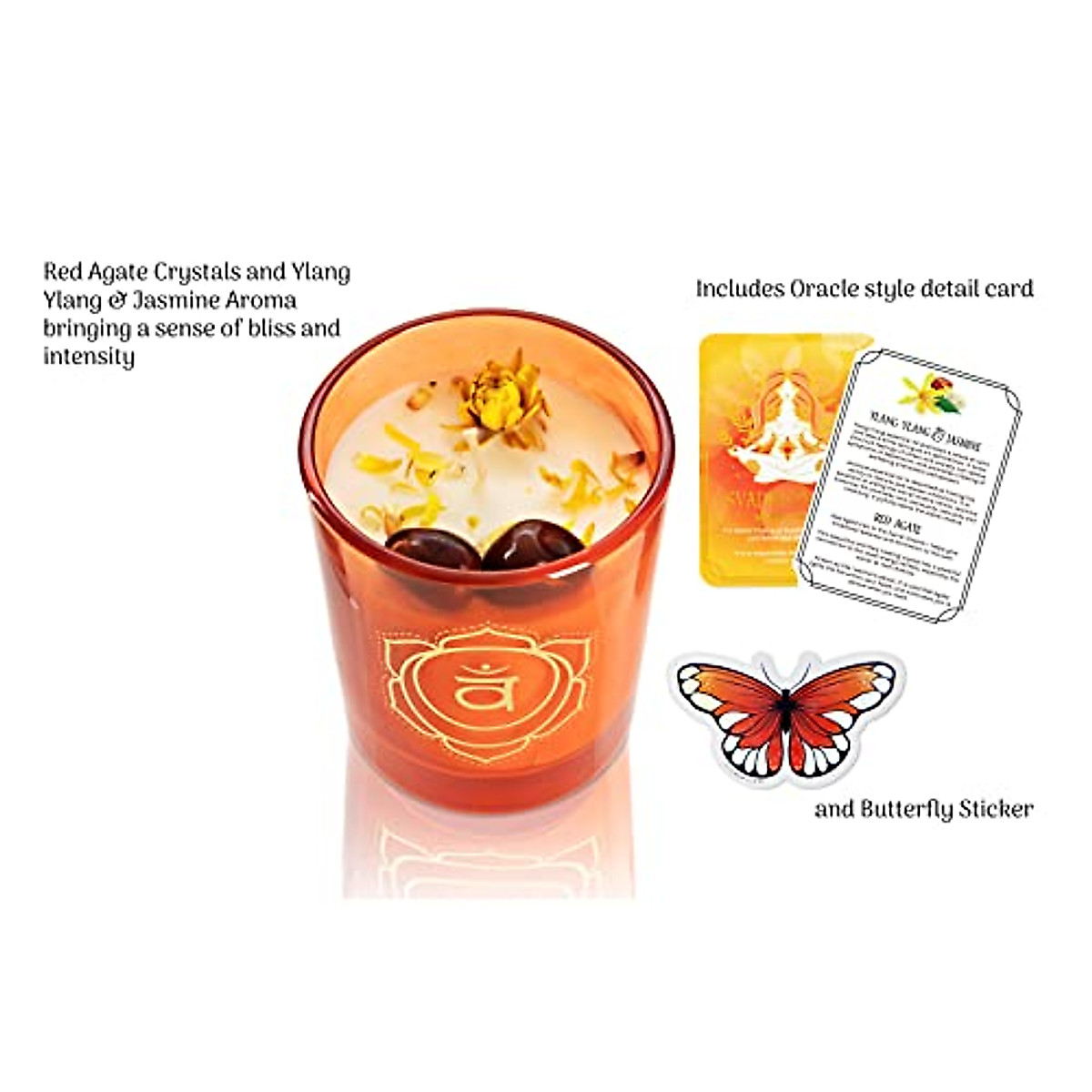 SUZIEJO Aromatherapy Candle Sacral Chakra Ylang Ylang Jasmine Essential Oil Scented Candles Red Agate Crystals & Healing Stones Spiritual Gifts for Women Soy Candle Stress Relief Candle Set