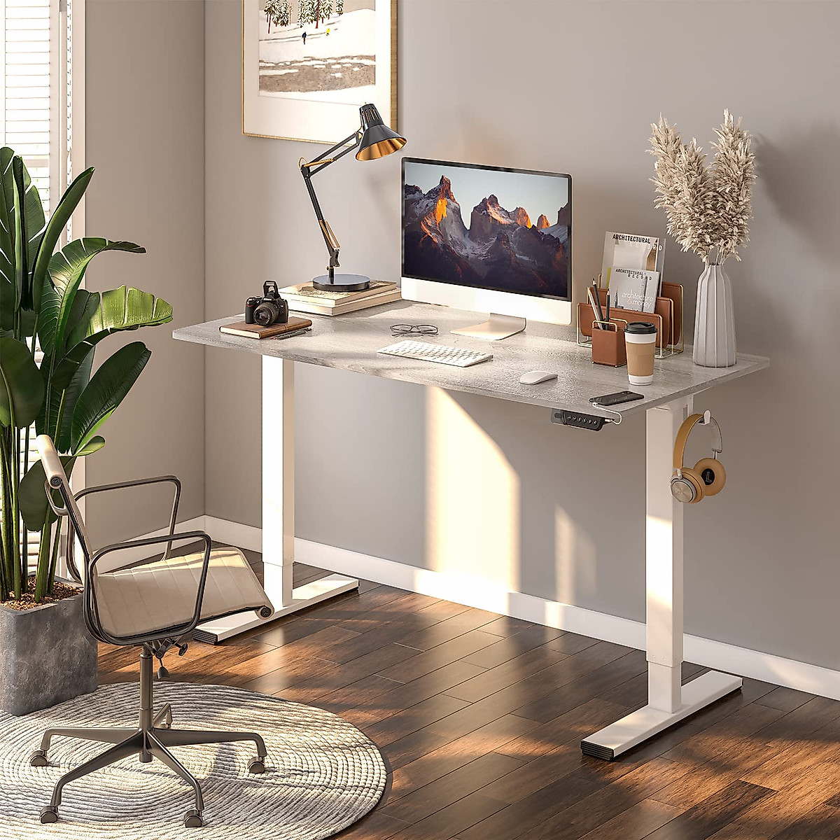 SANODESK Standing Desk Adjustable Height, 48x24 Inch Electric Standing Desk with Headphone Hook, Stand up Desk for Home Office Computer Desk，Handset with 4 Memory Presets and Charging Ports