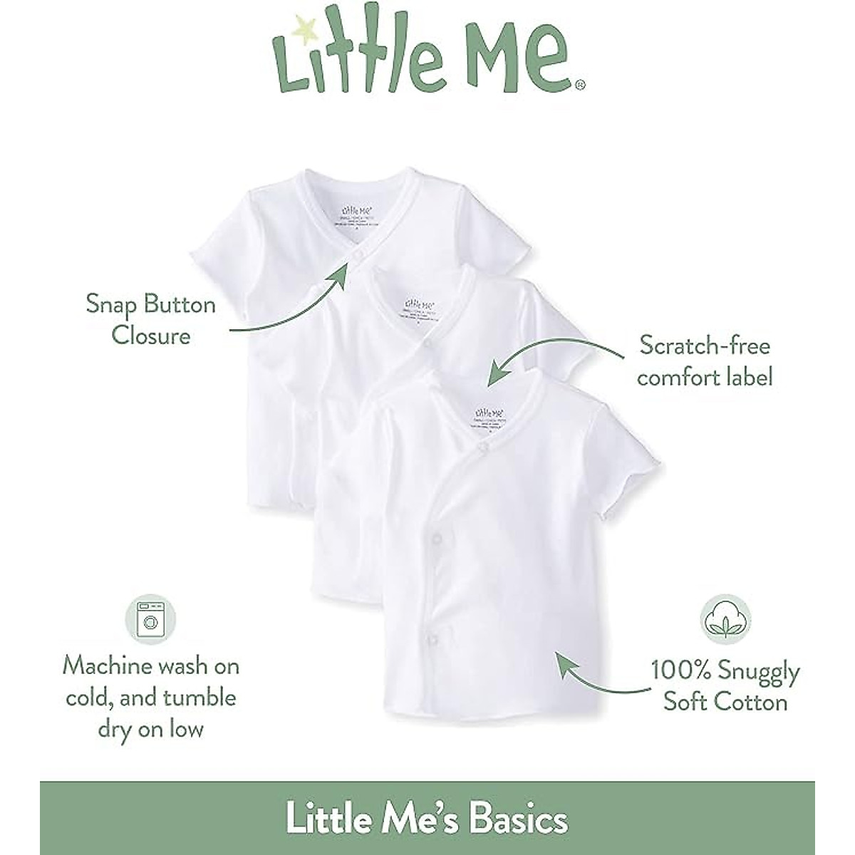 Little Me Unisex-Baby Newborn Snap Side Tee Shirt 3 Pack, White, Medium