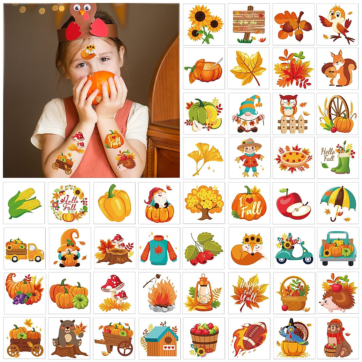 HOWAF 96 Pieces Fall Temporary Tattoos, 48 Styles Autumn Harvest Temporary Tattoos Stickers for Kids, Thanksgiving Fake Tattoos with turkeys, owls, squirrels, pumpkins, maple leaves design for Happy Fall Decoration