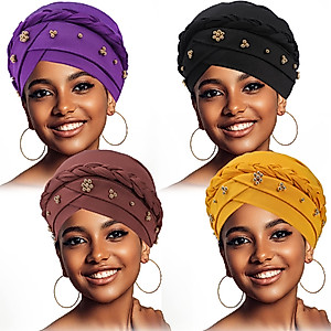 4 Pack Women Turban Cap,Beaded Headscarf Beanie,African Braid Turban Cap for Women,Twisted Beaded Braid Wrap Hat Braid Turban (Black+Purple+Brown+Yellow)