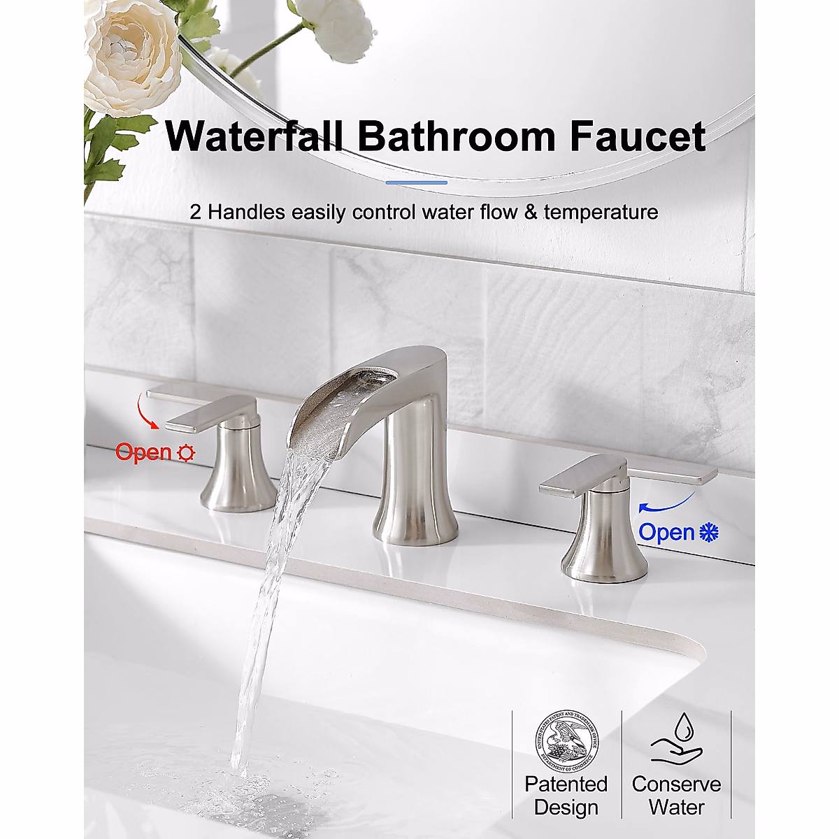 HOIGY Brushed Nickel Widespread Bathroom Faucet, 2 Handles Waterfall Faucet, Bathroom Faucets for Sink 3 Hole, 8 Inch Solid Brass Bathroom Sink Faucets for Vanity Lavatory Restroom with Pop Up Drain