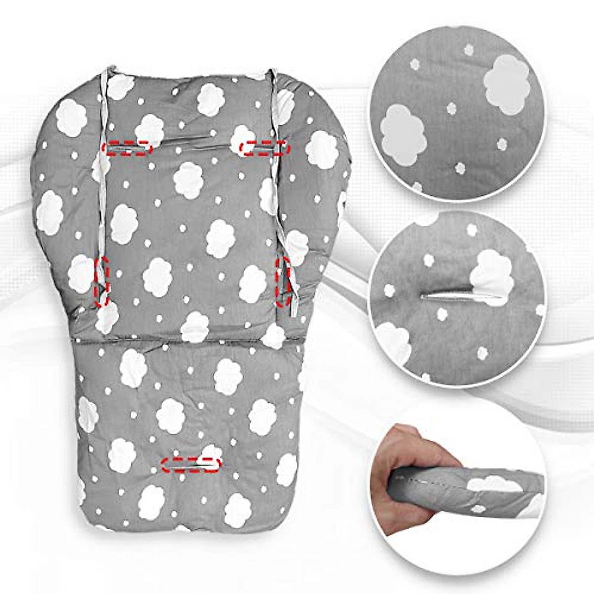 Twoworld Baby High Chair Seat Cushion Liner Mat Pad Cover Resistant and High Chair Straps (5 Point Harness) 1 Suit (Gray Clouds)