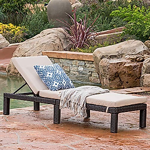 Christopher Knight Home Puerta Outdoor Wicker Chaise Lounge with Water Resistant Cushion, Dark Brown / Beige