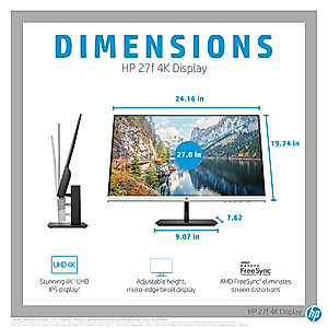 HP 27-inch Monitor with Height Adjust (27f 4K, Natural Silver and Black)