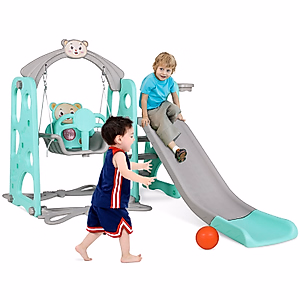 Arlopu Toddler Slide and Swing Set, 4 in 1 Kids Play Climber Slide Playset w/Basketball Hoop Extra Long Slide Extra Ball, Baby Swing for Indoor Outdoor Playground, Easy Set-Up, 3 Years Old (Fiery)