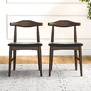 Pemberly Row Mid Century Modern Silas Upholstered Black Pu Leather Dining Chairs for Dining Room/Kitchen with Walnut Finish (Set of 2)