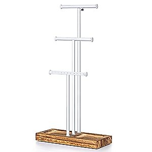 Love-KANKEI Jewelry Tree Stand White Metal and Wood Base Large Storage Jewelry Organizer for Necklaces Bracelets Earrings Holder Jewelry Display White and Carbonized Black