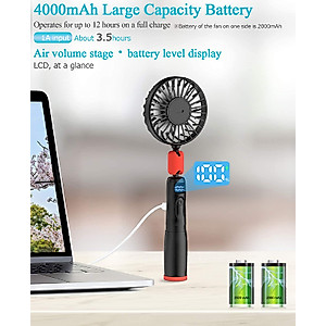 Howkes Handheld and Neck Fans, 2 in 1 Hand and Wearable Fan, 4000 mAh Battery, USB Charge, 3 Speed with Display Screen, (Black Red)