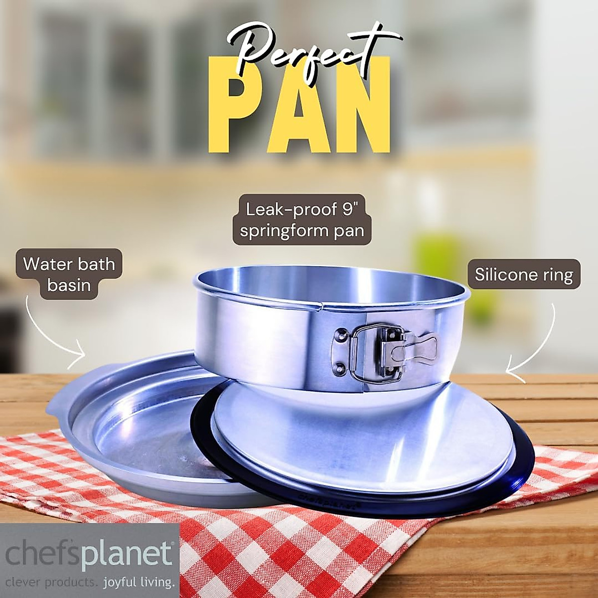 Chef's Planet Perfect Pan - 9-inch Round Baking Pan with Leak-Proof, Easy-Lock Spring Form Pan and Water Bath Basin for Delicate Creations