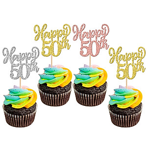 24PCS Happy 50th Cupcake Toppers Gold Rose Gold Silver Glitter Fifty Cheers to 50 Cupcake Picks 50 Fabulous Number 50 Birthday Cake Decorations for 50th Birthday Wedding Anniversary Party Supplies