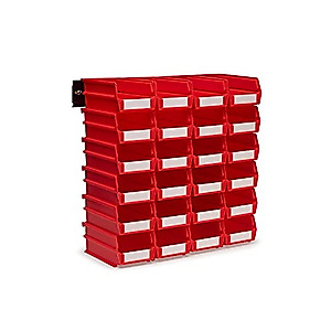 Triton Products 3-220RWS LocBin 26 Piece Wall Storage Unit with 7-3/8 Inch L x 4-1/8 Inch W x 3 Inch H Red Interlocking Poly Bins, 24 CT, Wall Mount Rails 8-3/4 Inch L with Hardware, 2 pk , Blue