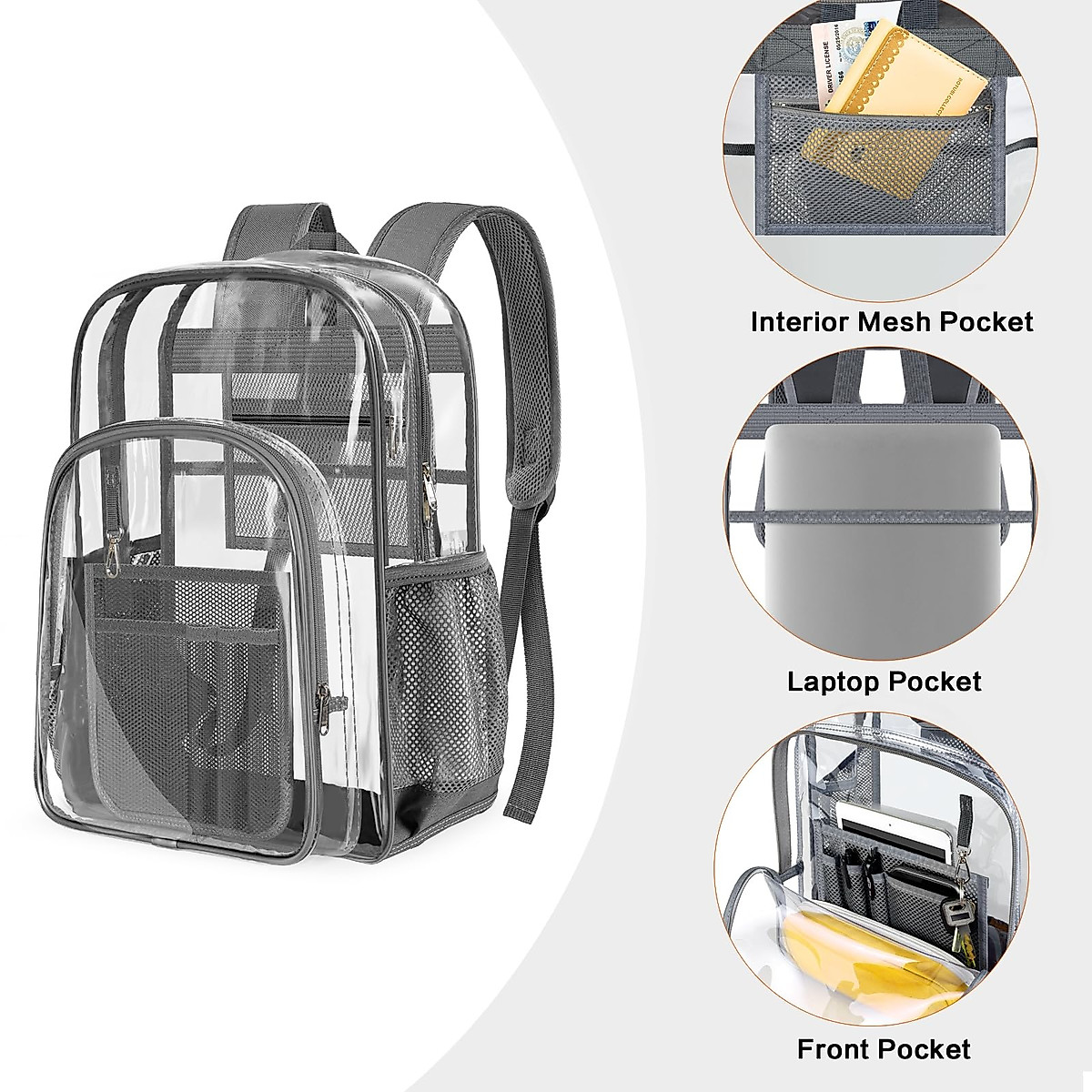PAMANO Clear Backpack Transparent Heavy Duty Bookbag See Through Bag for College Work Stadium Concert Travel Security, Gray