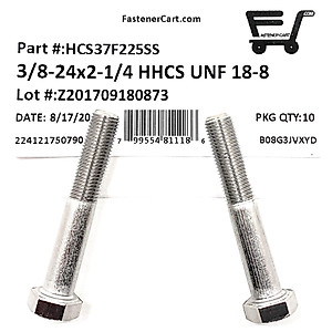 3/8-24x2-1/4 Stainless Steel Hex Cap Screws FT Hex Bolts 18-8 (UNF) FINE Thread - (10 pcs)