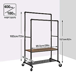 GREENSTELL Heavy Duty 2 Shelf Rolling Clothes Rack Industrial Pipe Style Garment Rack + Garment Rack with PVC Cover on Wheels, Strong and Durable, Used for Indoor/Outdoor, Living Room, Bathroom