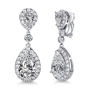 SELOVO Cubic Zirconia Wedding Bridal Clip on Teardrop Drop Earrings for Women Silver Tone