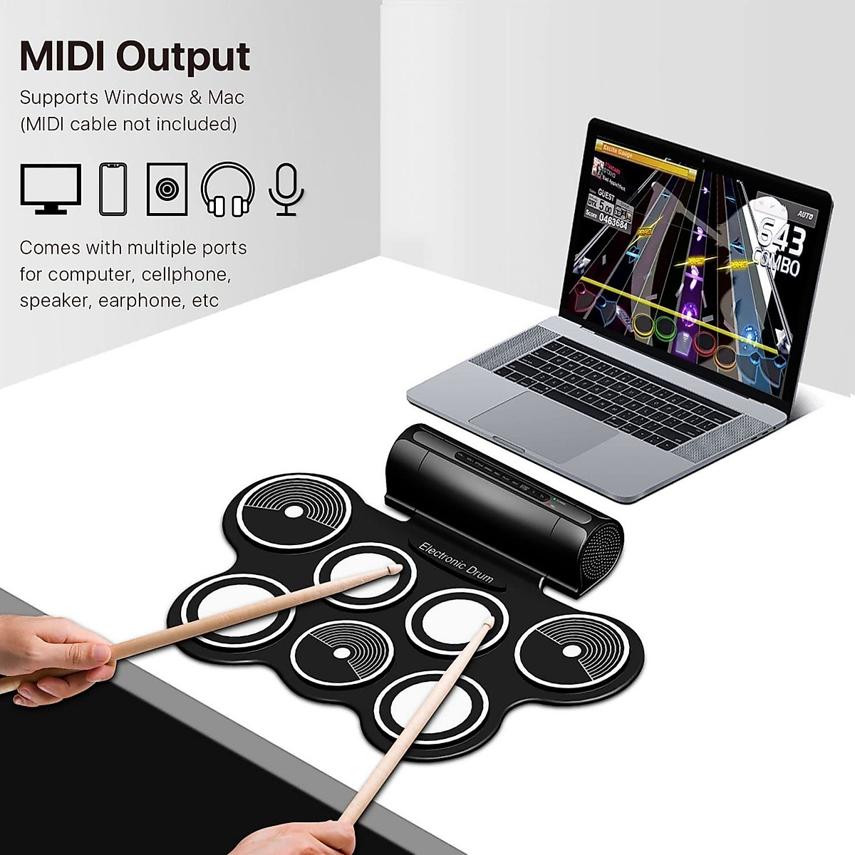 Flexzion Digital Electronic Drum Set, Portable Roll Up Electronic Drum Pad Machine for Kids, Adults, Beginners, Pros, 7 Pads Electric Drum Set with Drum Sticks, Foot Pedals, MIDI and Headphone Jack