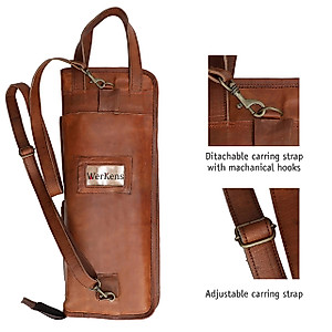WerKens Leather Drumstick Bag Floor Tom Hooks Holds 10-12 Pairs Drum Sticks Mallets Brushes Percussion Drum Stick Bag Detachable Shoulder Strap Easy Carry Handles (Brown) – DSB003