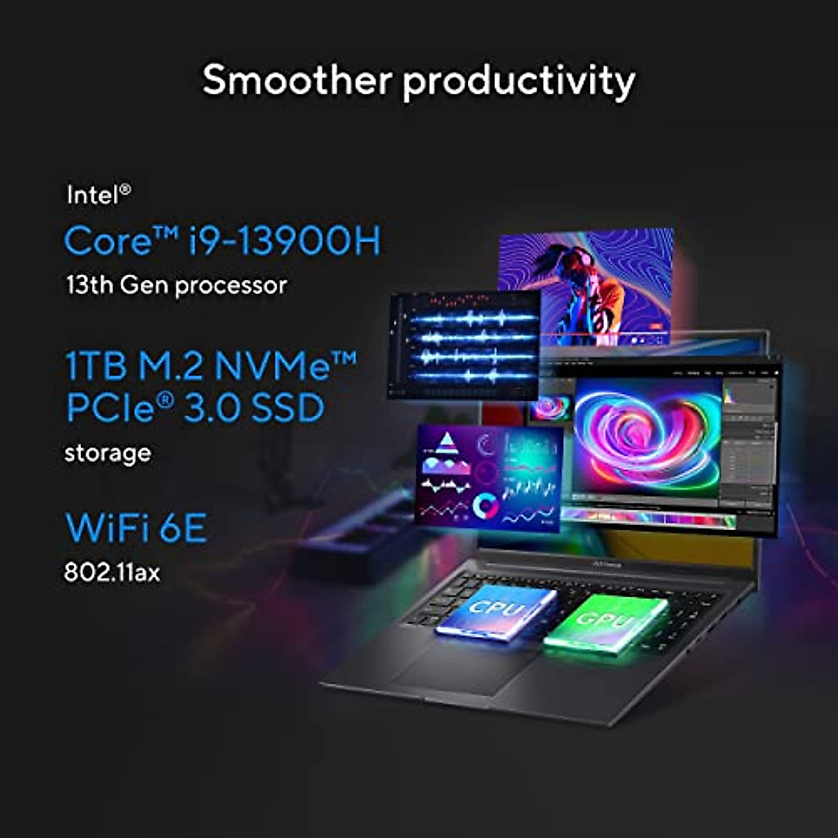 ASUS Vivobook 16X OLED Laptop, 16” 3.2K 120Hz Display, Intel Core i9-13900H CPU, NVIDIA Geforce RTX 4050 GPU, 16GB RAM, 1TB SSD, Windows 11 Home, Indie Black, K3605VU-ES94