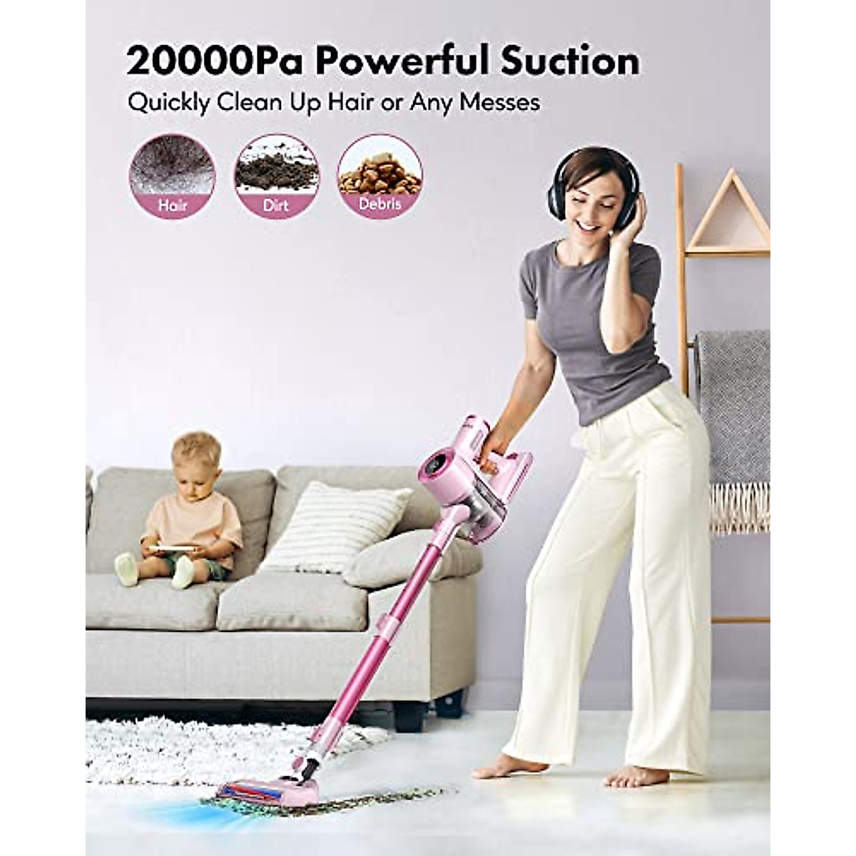 Homeika Cordless Stick Vacuum Cleaner, 20Kpa Powerful Suction Vacuum Cleaner with LED Display, 30 Min Runtime Detachable Battery, 1.5L Dust Cup, for Carpet and Hard Floor Pet Hair (Pink)